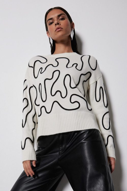 Ecru cashmere/ull genser med sorte kontrastbånd Notshy – vitaly