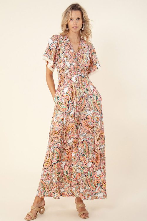 Ivory mønstret 100% lin ‘Rhona long Dress’ lang linkjole Hale Bob ...